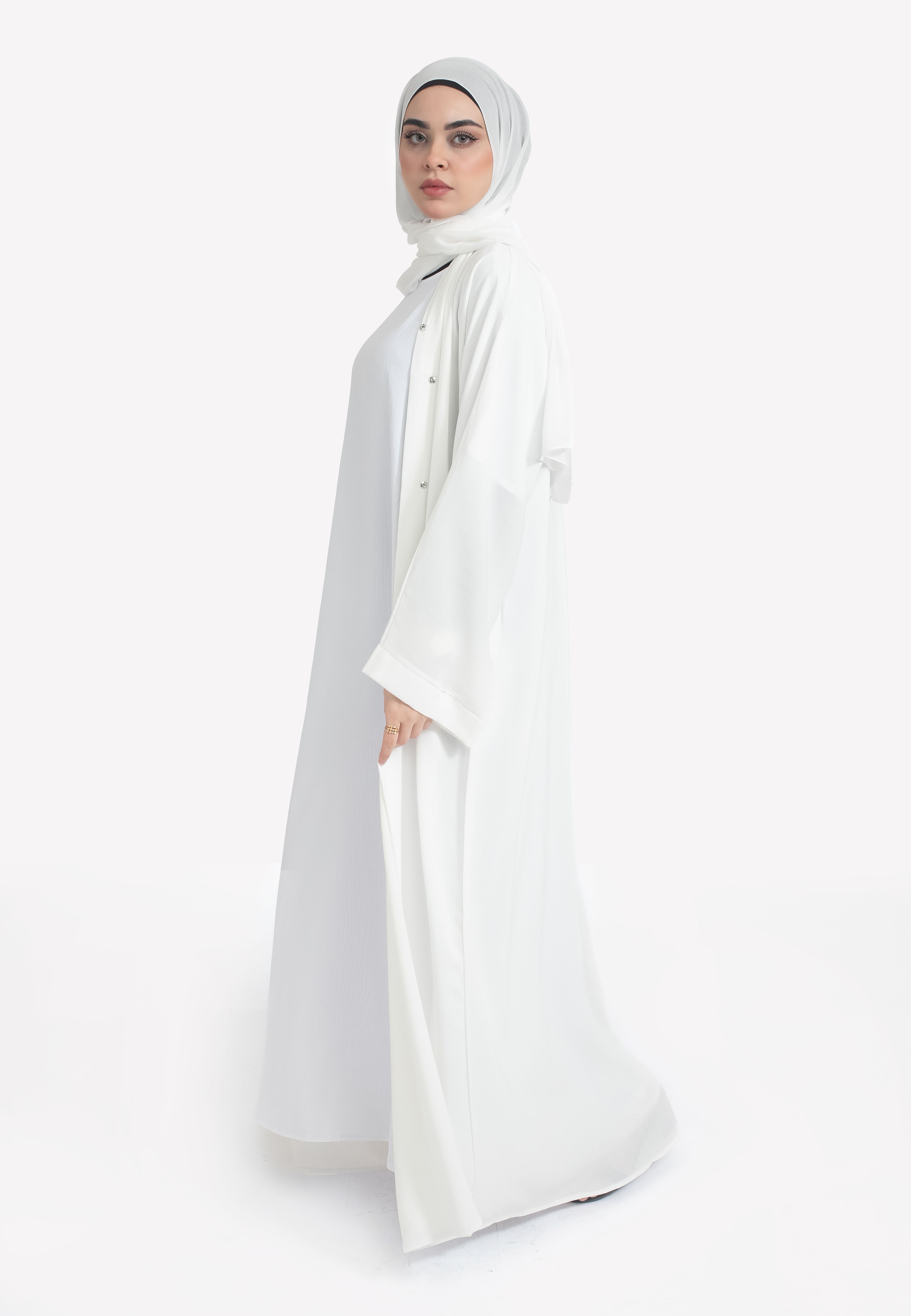 Off- White Textured Open Abaya | Hayah Al-Muslimah | Premium Abayas
