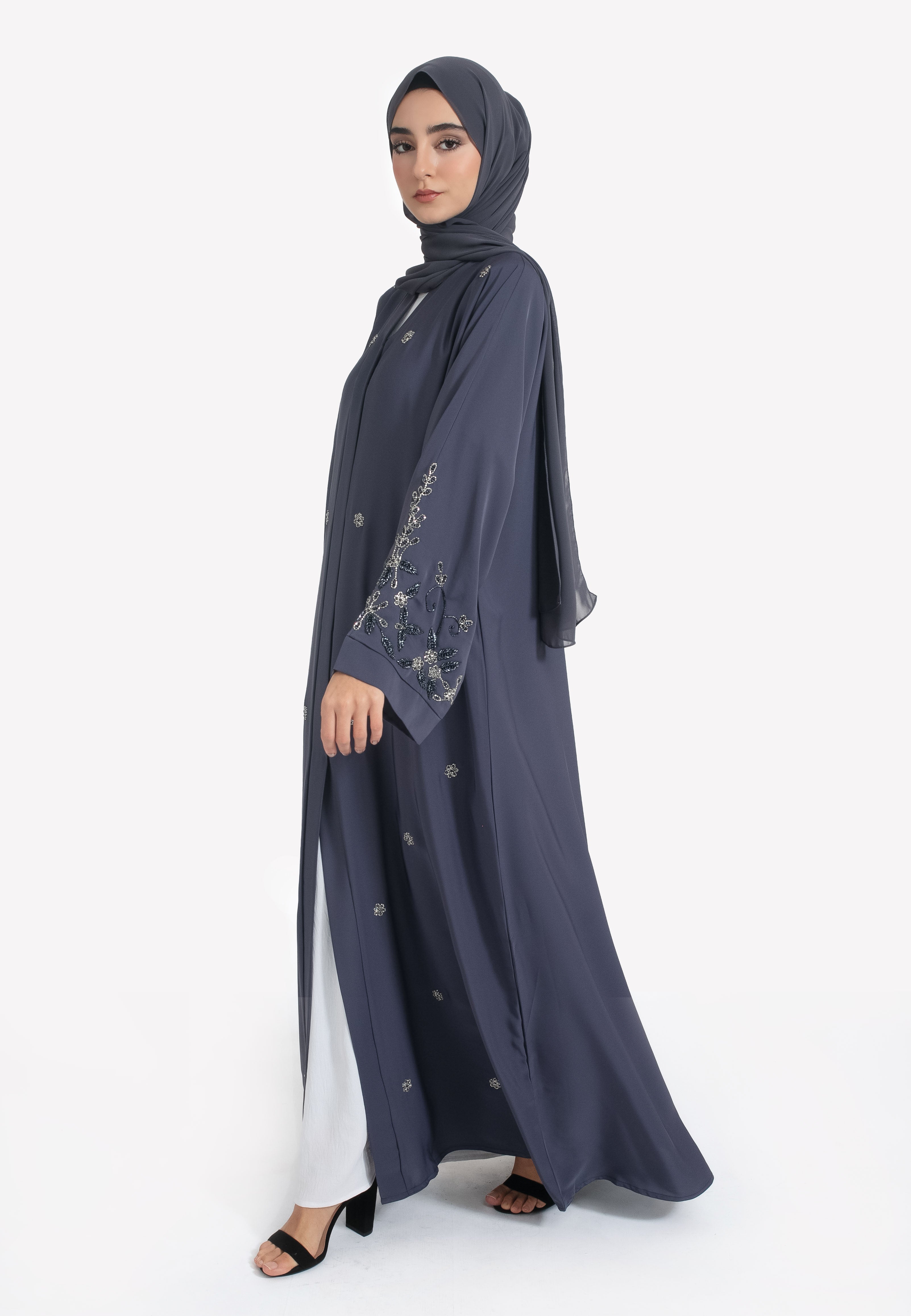 Ash Grey Embellished Open Abaya | Hayah Al-Muslimah