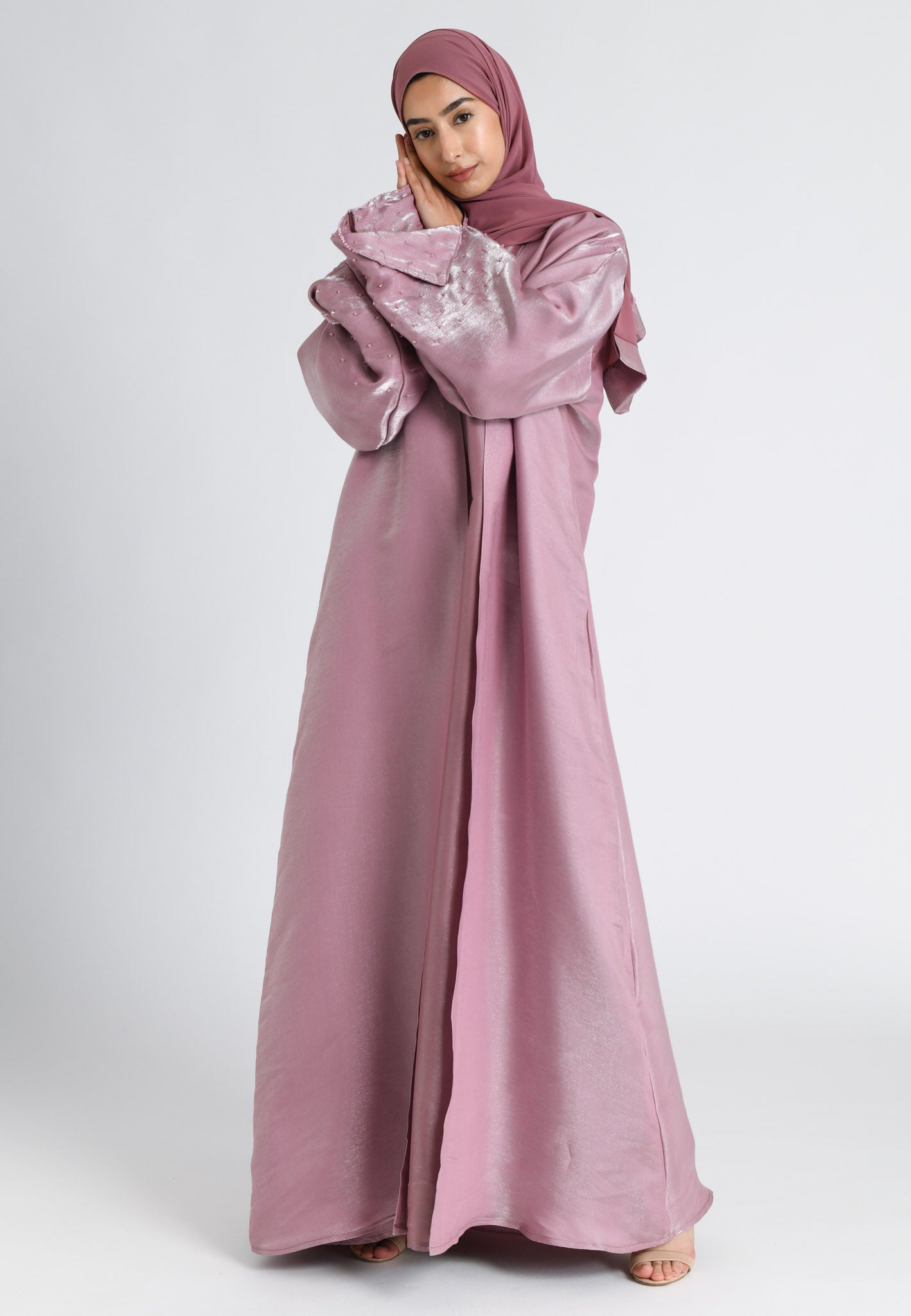 Blush Suede 4-Piece Liquid Satin Abaya Set | Hayah Al-Muslimah