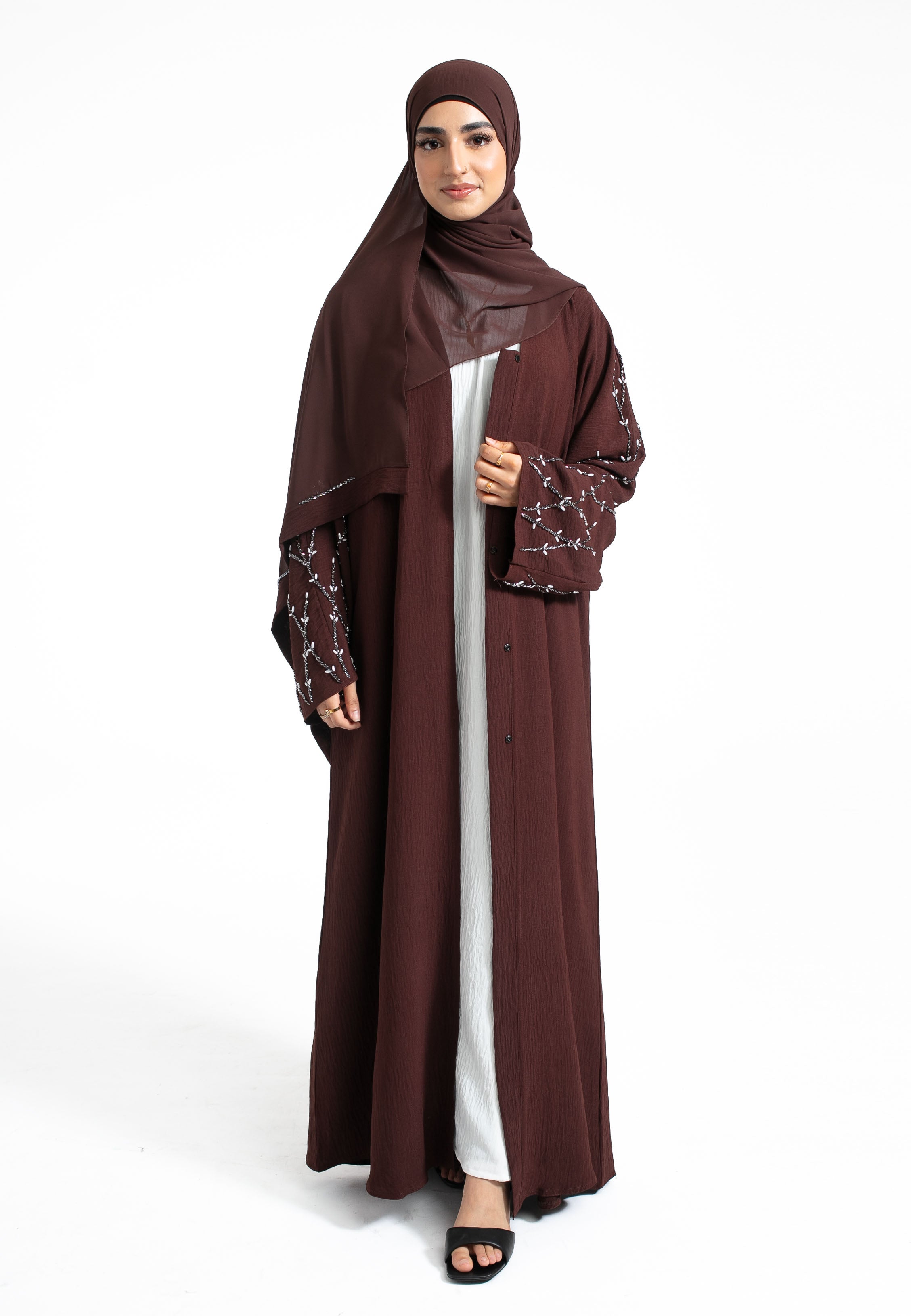 Luxury Sable Brown Embellished Open Abaya Online | Premium Abaya UK ...