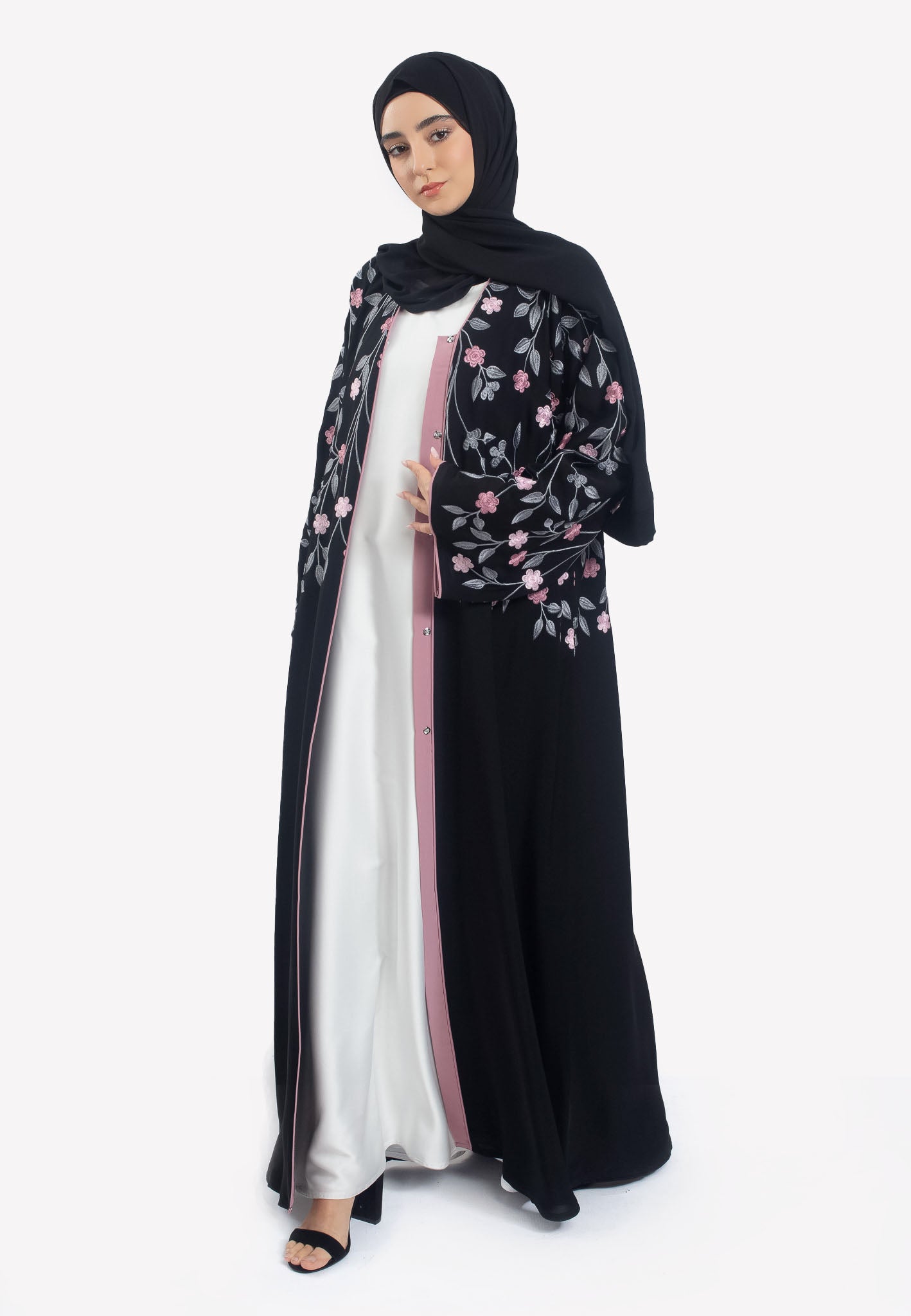 Premium Black Floral Embroidered Open Abaya | Hayah Al-Muslimah