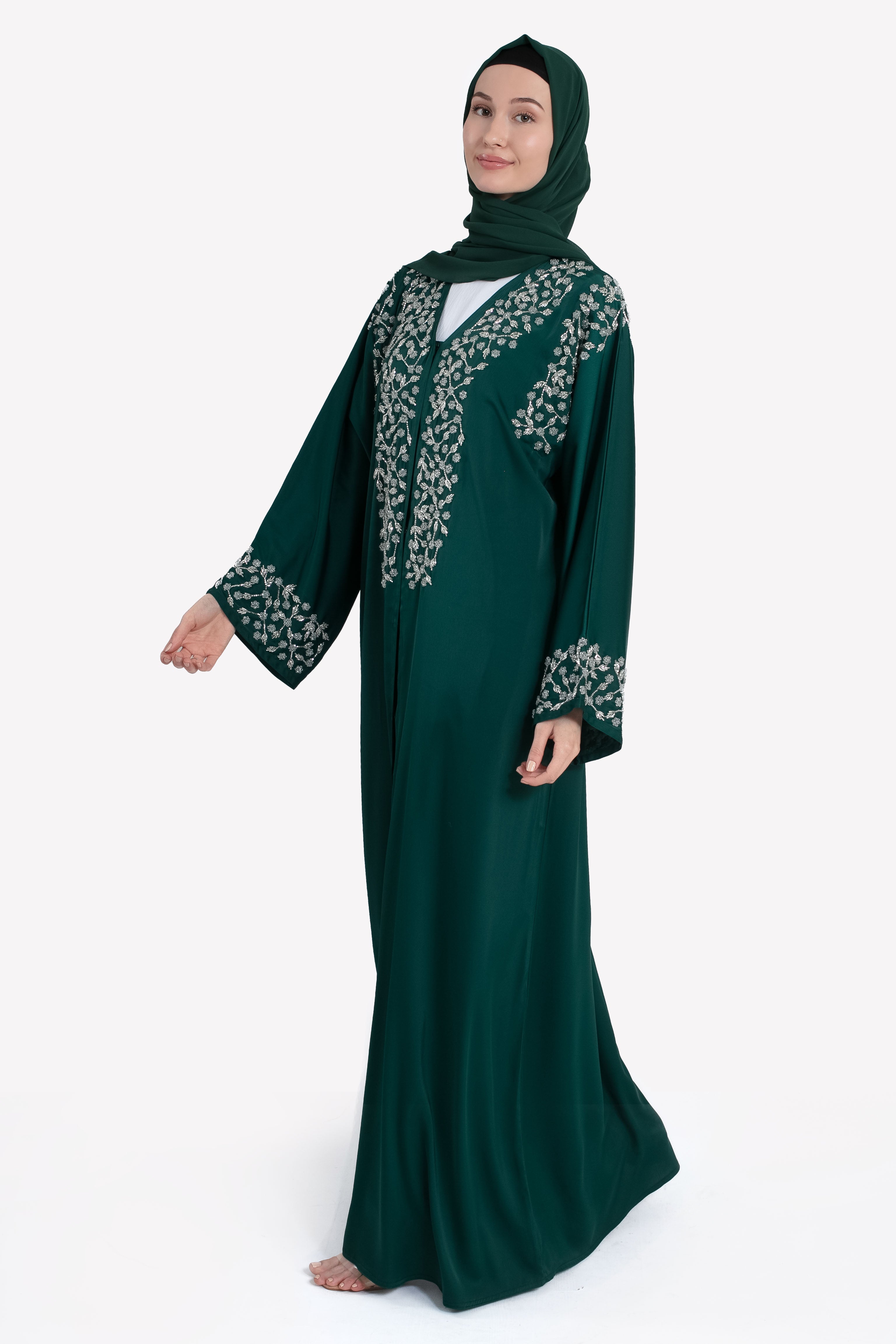 Mystic Emerald Embellished Satin Open Abaya | Hayah Al-Muslimah