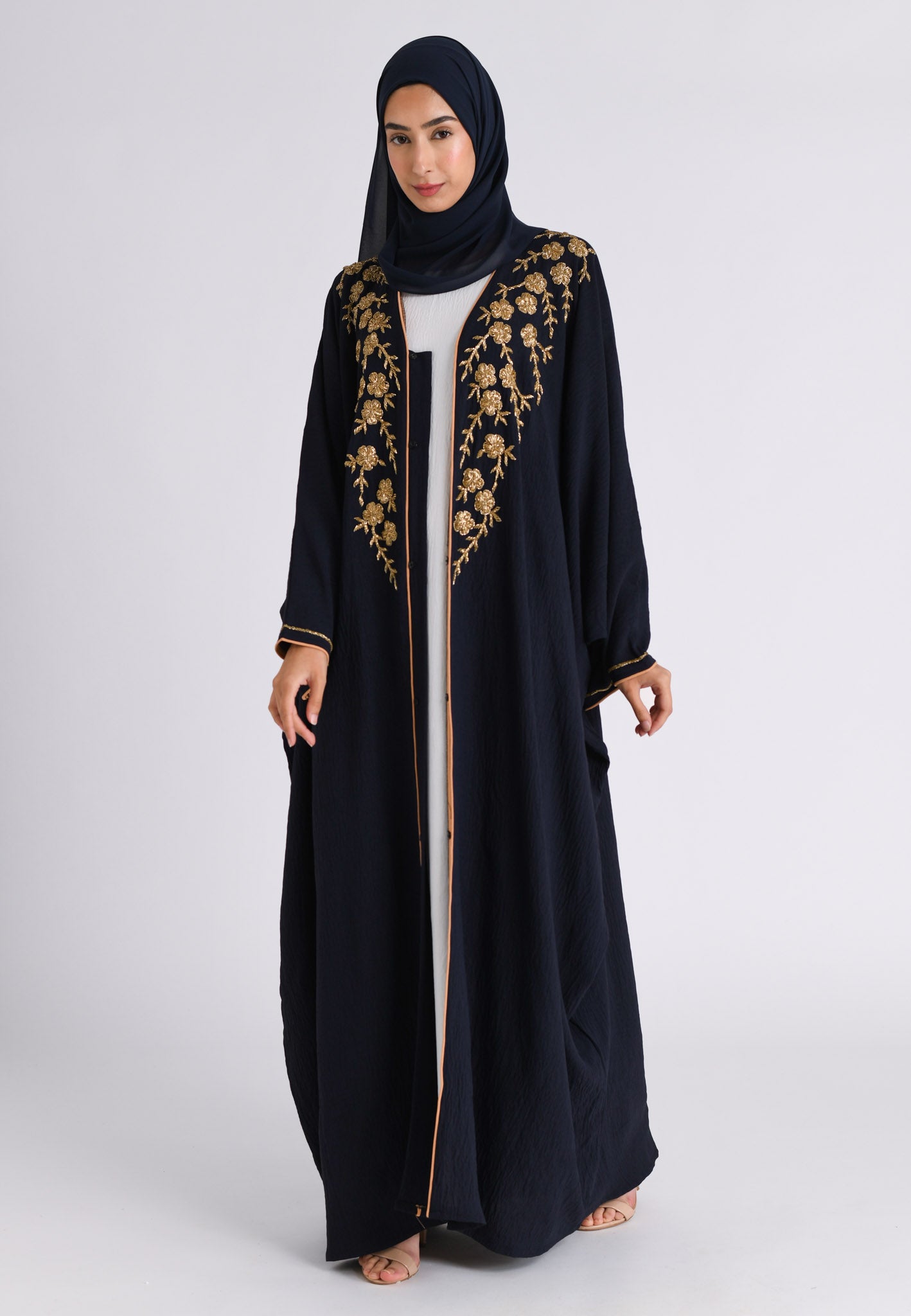 Premium Luxury Navy Embellished Open Farasha For Eid | Hayah Al-Muslimah