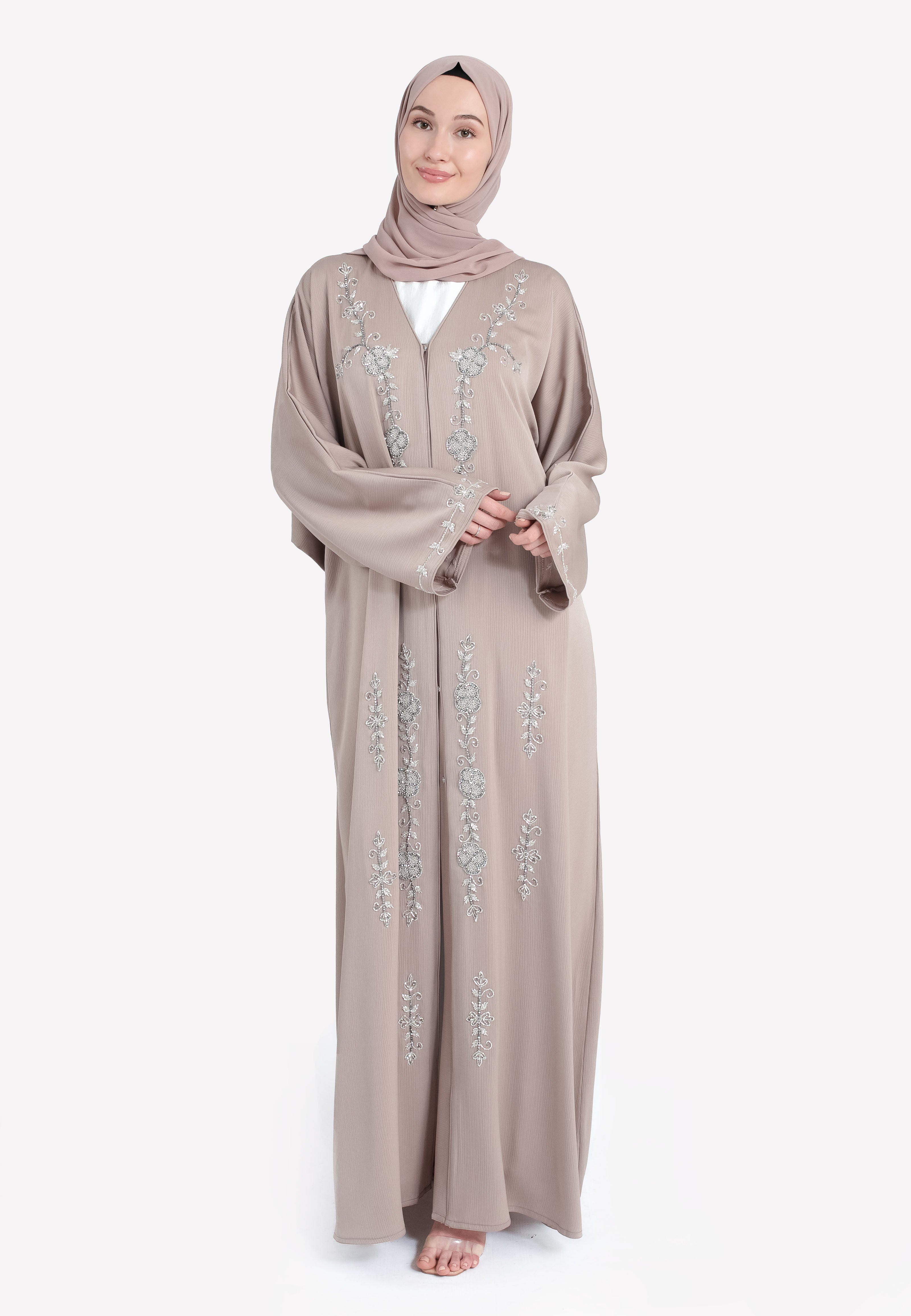 Premium Oat Textured Embellished Open Abaya | Hayah Al-Muslimah