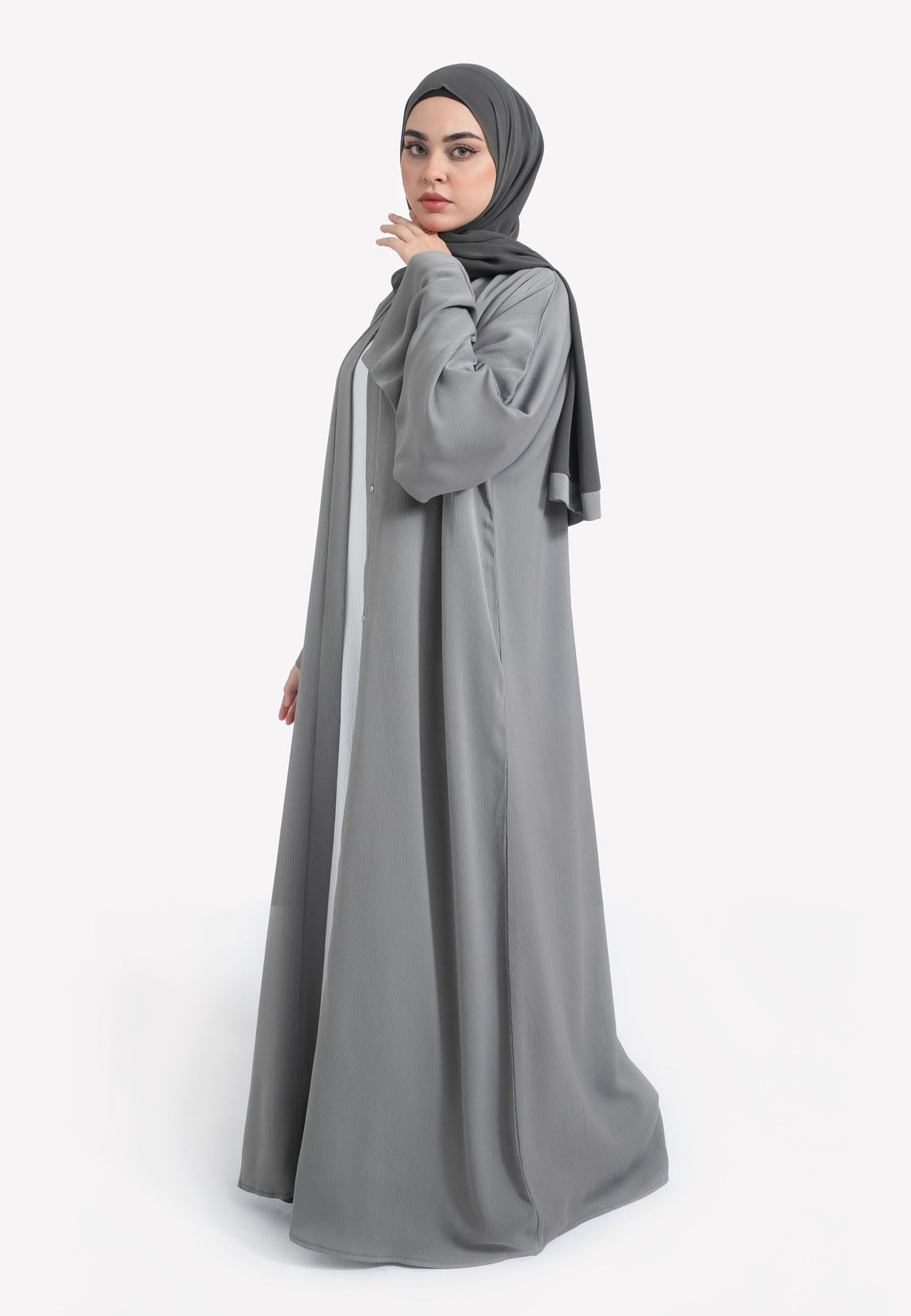 Pebble Grey Textured Open Abaya | Hayah Al-Muslimah Abayas Online