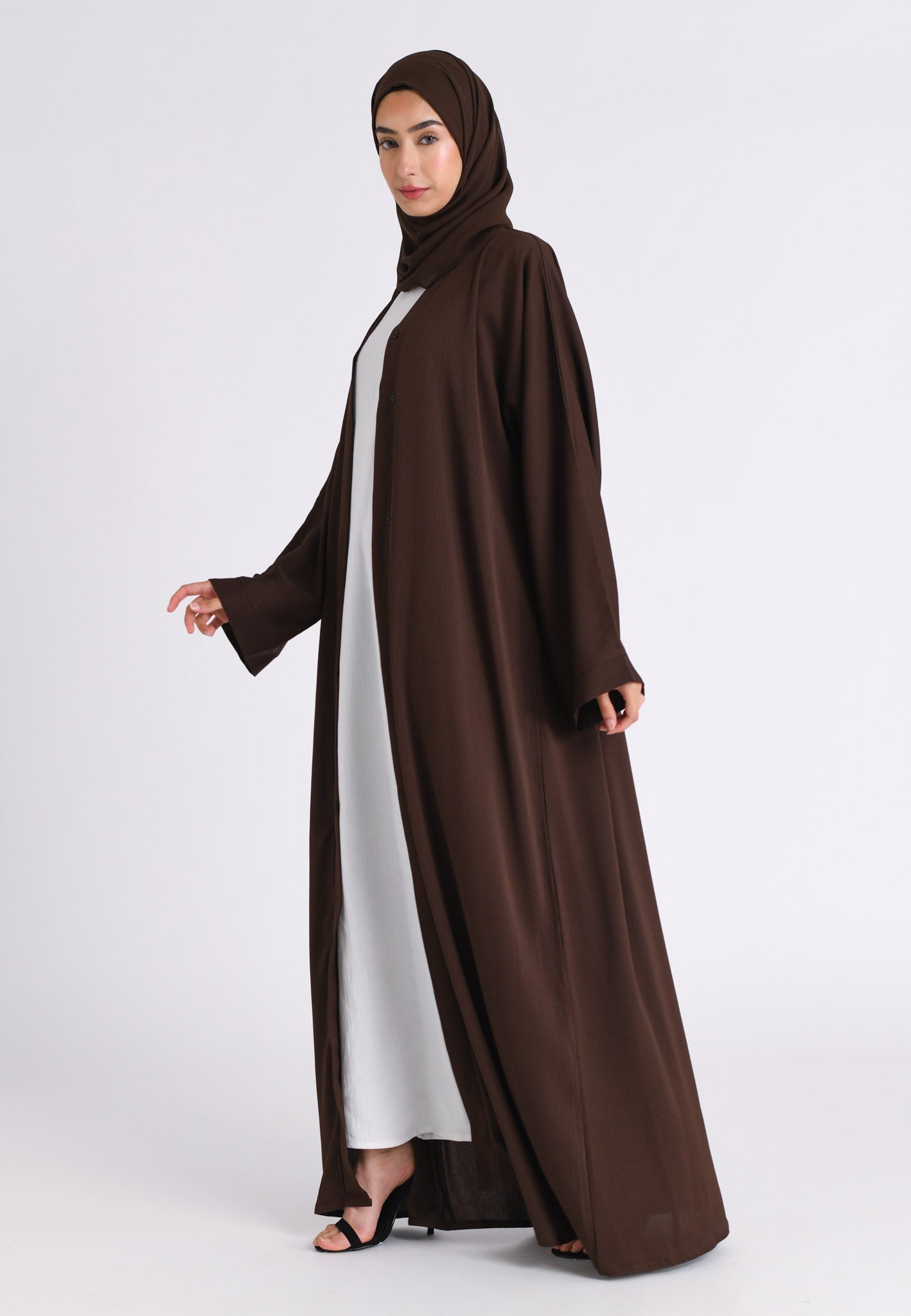 Plain Brown Textured Open Abaya | Online Essential Open Abayas UK – Hayah Al-Muslimah
