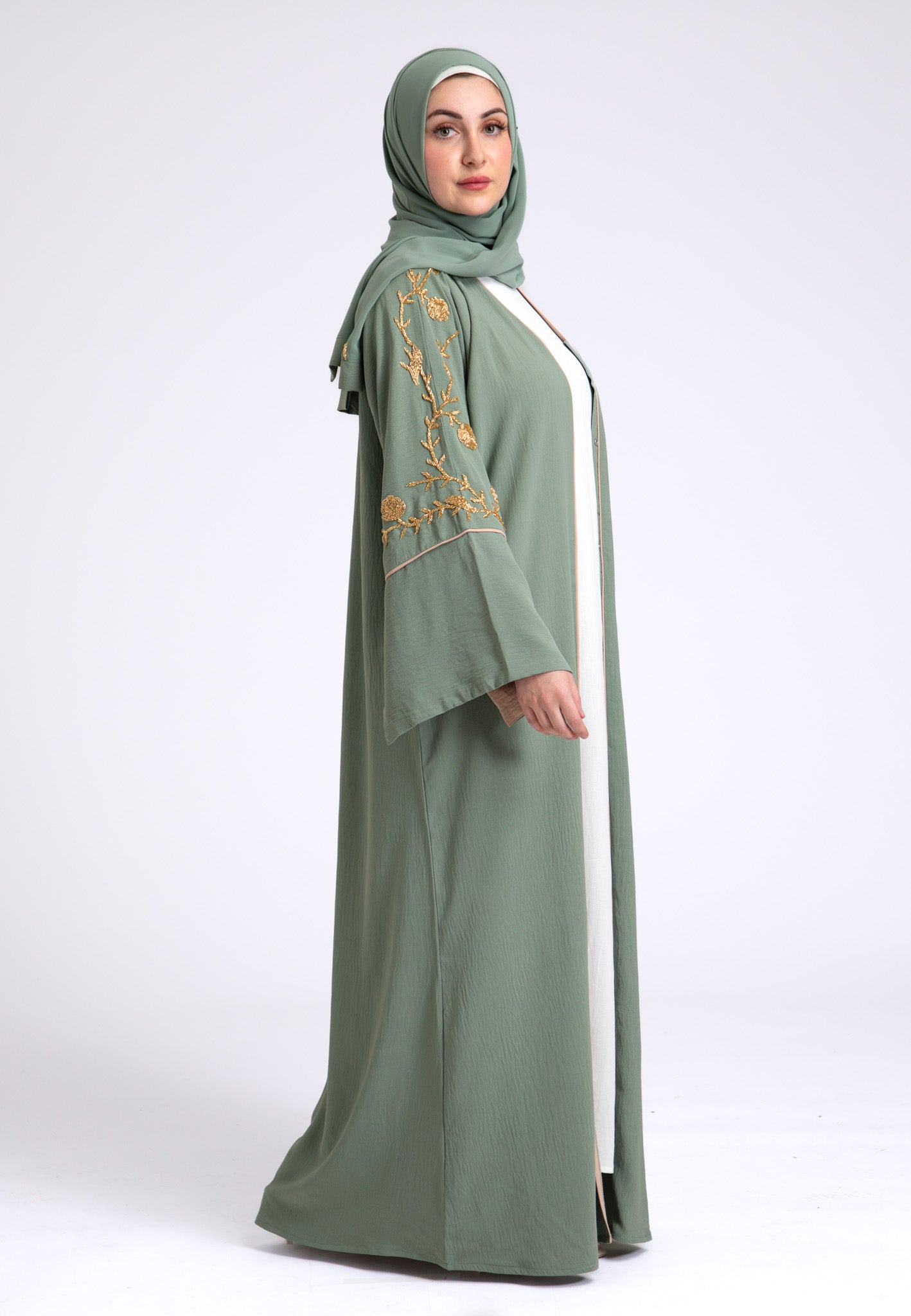 Luxury Sage Green Embellished Open Abaya For Ramadan & Eid – Hayah Al ...